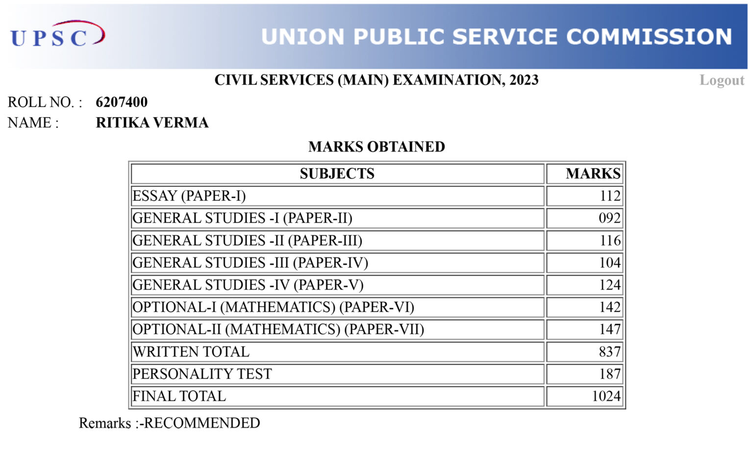 Marks Details IAS-2023 | IMS - Your Pathway to IAS Success
